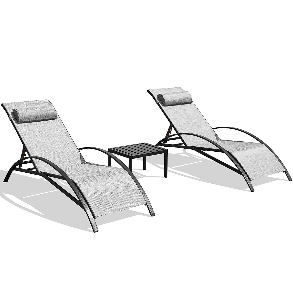 EROMMY All-Weather Textiline Recliner Chairs Set of 2 Outdoor Lounge Chairs with Adjustable Backrest (Arc Grey with Coffee Table, Set of 3)