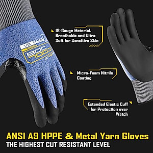 COOLJOB ANSI A9 Cut Resistant Gloves - 1/3 Pairs, Touchscreen Highest Knife Proof Level with Microfoam Nitrile Coated, Safety Work Gloves for Wood Carving, Glass Work, Construction, Blue XXL