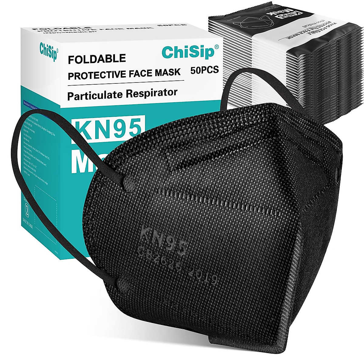 ChiSip Kn95 Face Masks 50 pack, Individually Wrapped Cup Dust Safety Masks 5 Layer Protection Mask for Adult, Men, Women, Indoor, Outdoor Use, Black