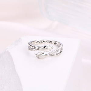 Hug Ring, S925 Sterling Silver Hugging Hands CZ Open Ring Engraved Always with You Embrace Statement Promise Anniversary Ring