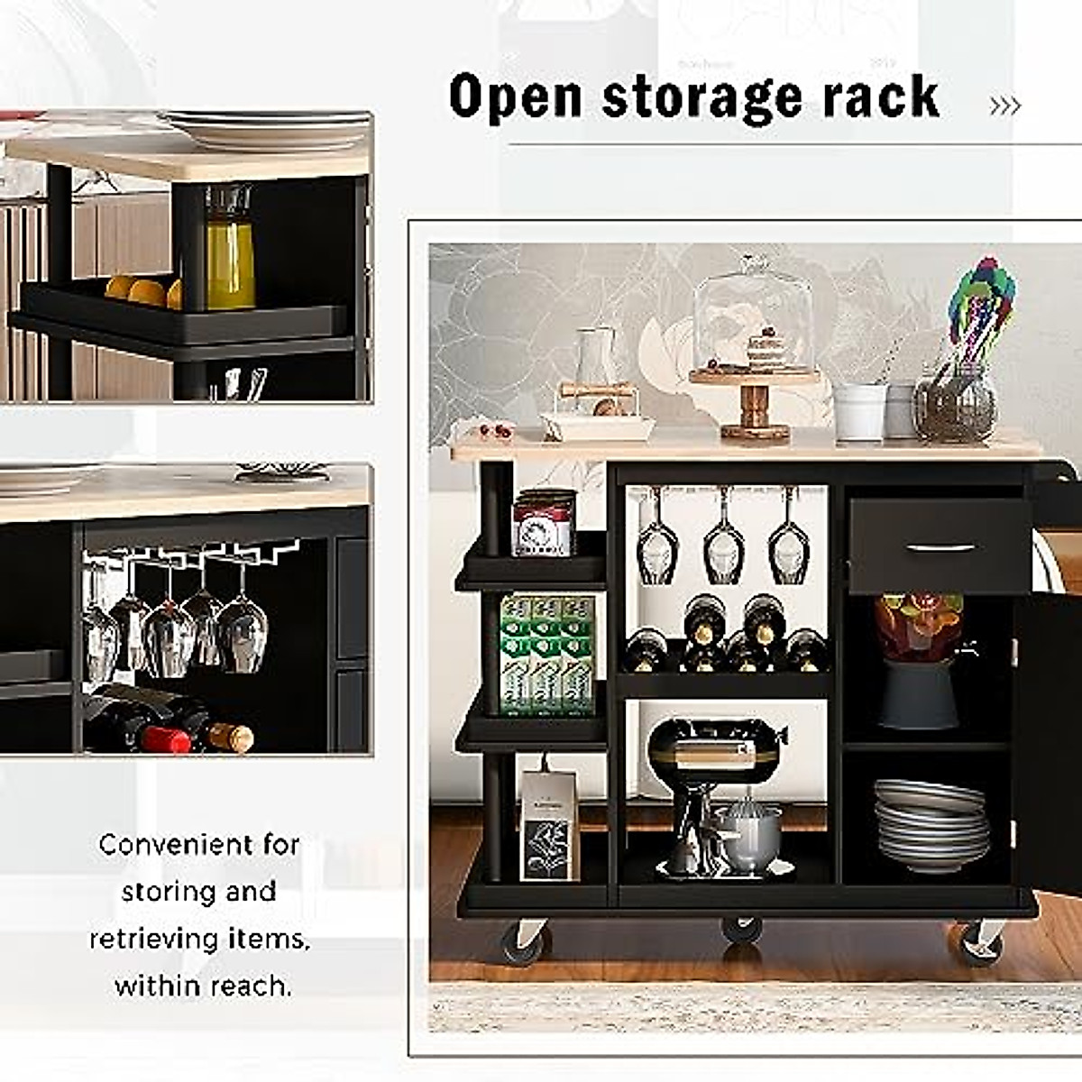 JVIBI Multipurpose Kitchen Cart Cabinet with Side Storage Shelves,Rubber Wood Top, Adjustable Storage Shelves, 5 Wheels, Kitchen Storage Island with Wine Rack for Dining Room, Home,Bar,Black