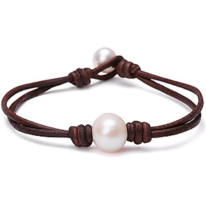 Single Cultured Freshwater Pearl Bracelet Handmade Leather Pearl Jewelry for Women by Aobei 7'' Brown