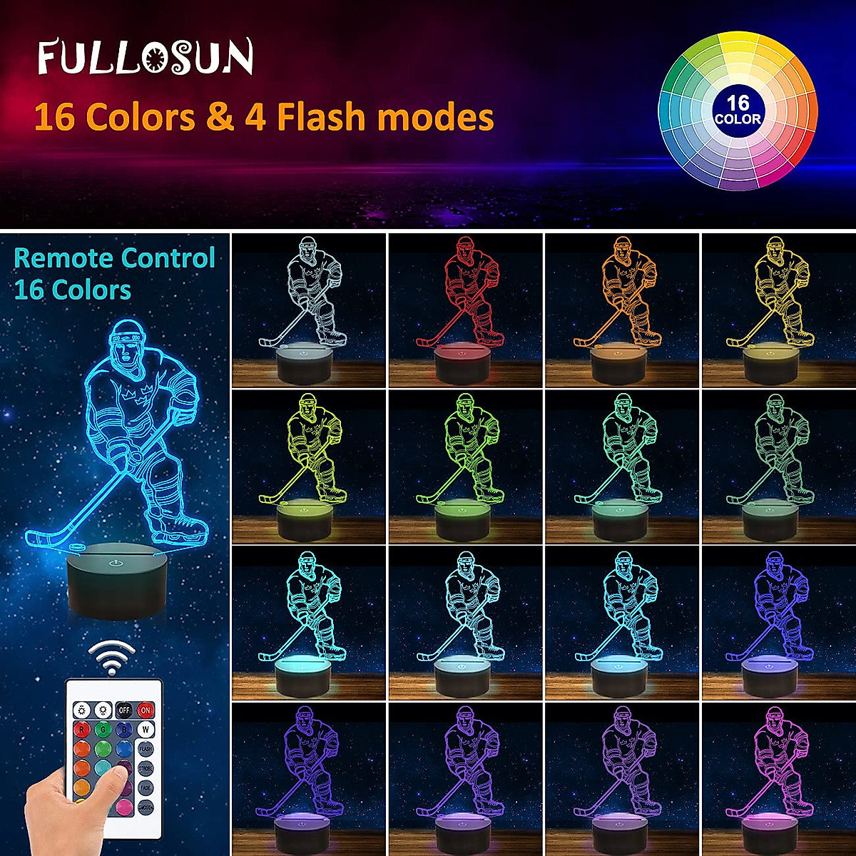 FULLOSUN 3D Night Lights Ice Hockey Athlete 3D Illusion Bedside Lamp 16 Colors Changing with Remote Control Best Birthday Gifts for Men Women