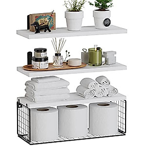 WOPITUES Bathroom Shelves Over Toilet, Floating Wall Mounted with Wire Basket, Wood Floating Shelf for Wall Décor, Bathroom Wall Décor Shelves–White