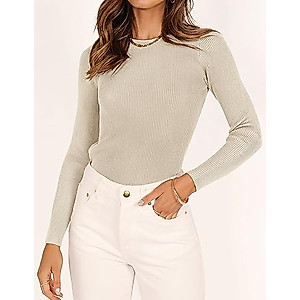 ZESICA Women's Long Sleeve Crewneck Shirts 2023 Fall Clothes Ribbed Knit Sweaters Slim Fitted Casual Basic Tee Tops,Almond,Large