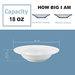 Buyajuju Porcelain Round Soup Plates, Pasta Bowls Set of 4, Classic White Deep Soup Bowls, Ceramic Rimmed Bowls, 9.1 Inches Diameter with Rim Plates.