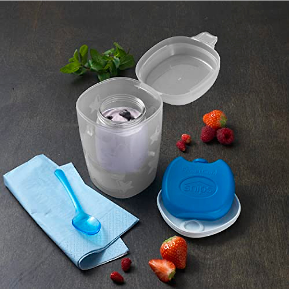 Snips Porta Yogurt | Contenitore Refrigerato Con Cucchiaino | Lunch Box | Contenitori per Cibi | 0,5 LT | Colore Azzurro | Coperchio con Chiusura di Sicurezza | Made In Italy | Bpa Free