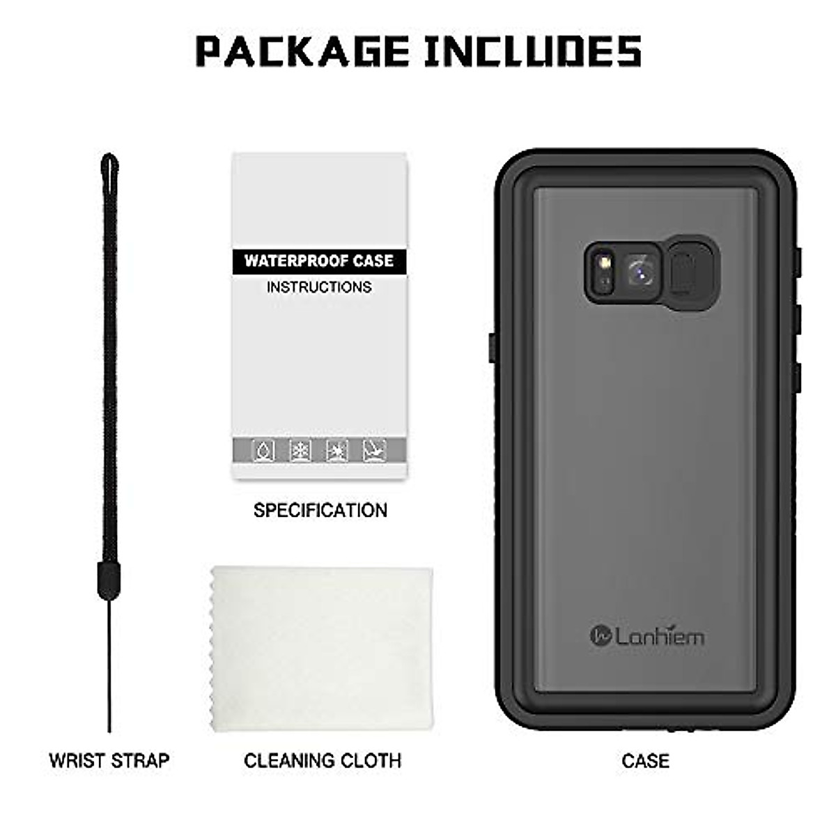 Lanhiem Samsung Galaxy S8 Case, IP68 Waterproof Dustproof Shockproof Case with Built-in Screen Protector, Full Body Sealed Underwater Protective Clear Cover for Samsung S8 (Black)