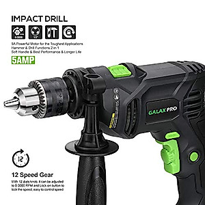 GALAX PRO 5Amp 1/2-inch Corded Impact Drill with 105pcs Accessories, Variable Speed 0-3000, Hammer and Drill 2 Functions in 1, 360°Rotating Handle, Depth Gauge, Carrying Case Included