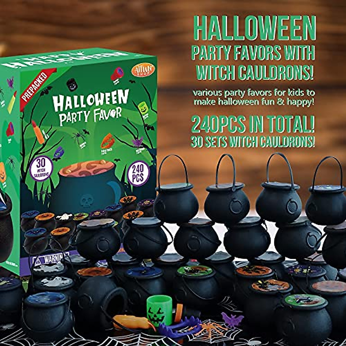 ATFUNSHOP 240 PCS Halloween Party Favors 30 Pack Prefilled Small Plastic Witch Cauldron Halloween Toys in Bulk Halloween Prizes Gifts Miniatures for Kids Trick or Treat