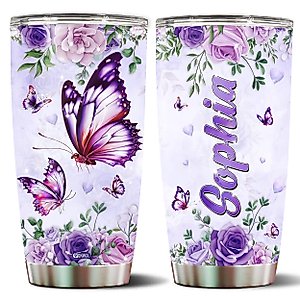 WONWIX Personalized Purple Butterfly Coffee Mugs For Girls Mom Women Adults Butterflies Lovers Water Bottle Travel Mug Mothers Day Birthday Christmas Valentine 20oz Stainless Steel Cup With Lid