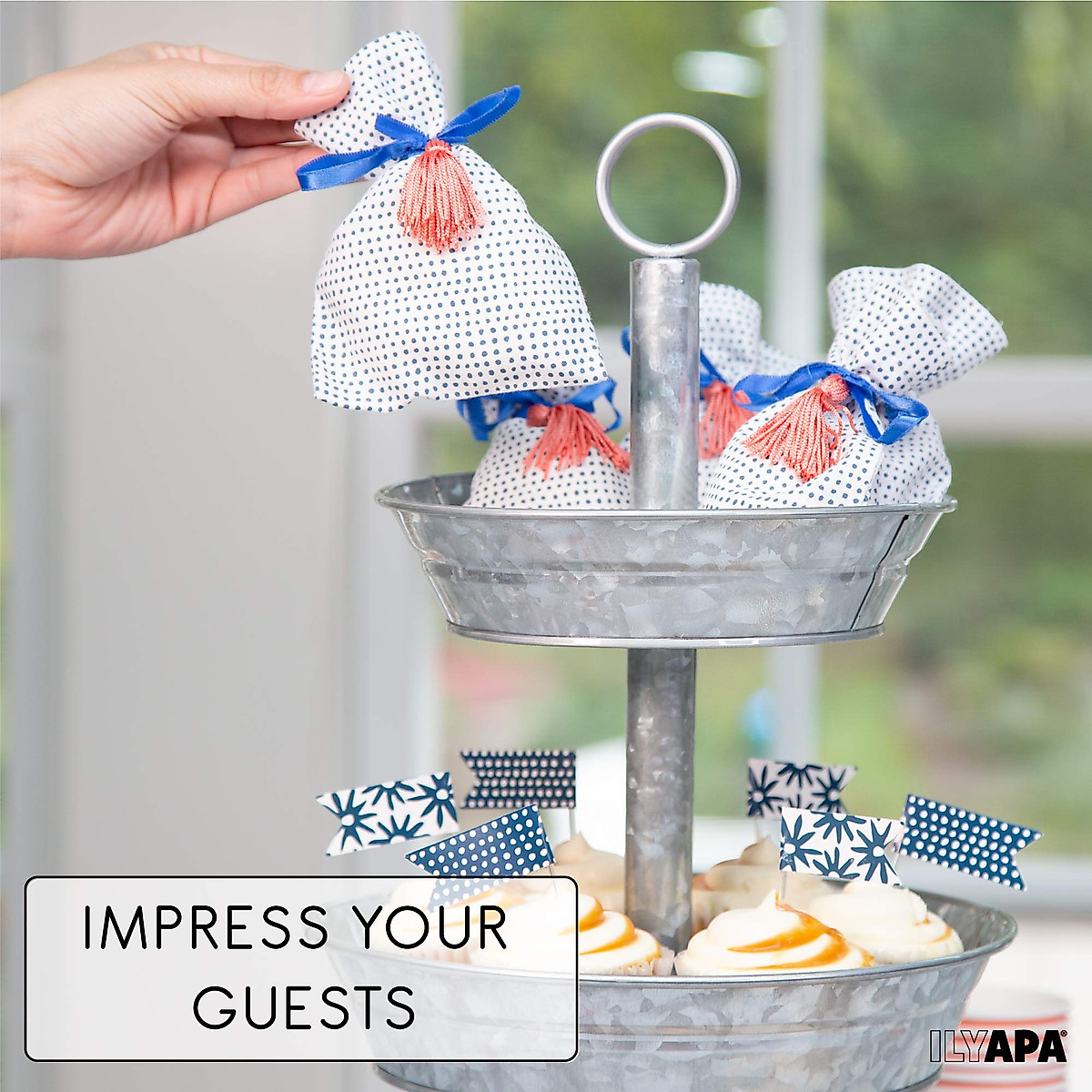 Ilyapa Galvanized Three Tiered Serving Stand - 3 Tier Metal Tray Platter for Cake, Dessert, Appetizers & More