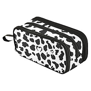 Fustylead Black White Milk Cow Skin Print Large Pencil Pen Case Stationery Bag, 3 Compartments School College Office Desk Organizer Storage Pouch Marker for Teen Boys Girls Students