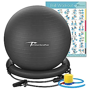Timberbrother 75cm Exercise Ball Chair with Resistance Bands Workout Poster 16.5”x 22.4”,Stability Ball Base for Gym and Home Exercise (Black with Ring & Bands)