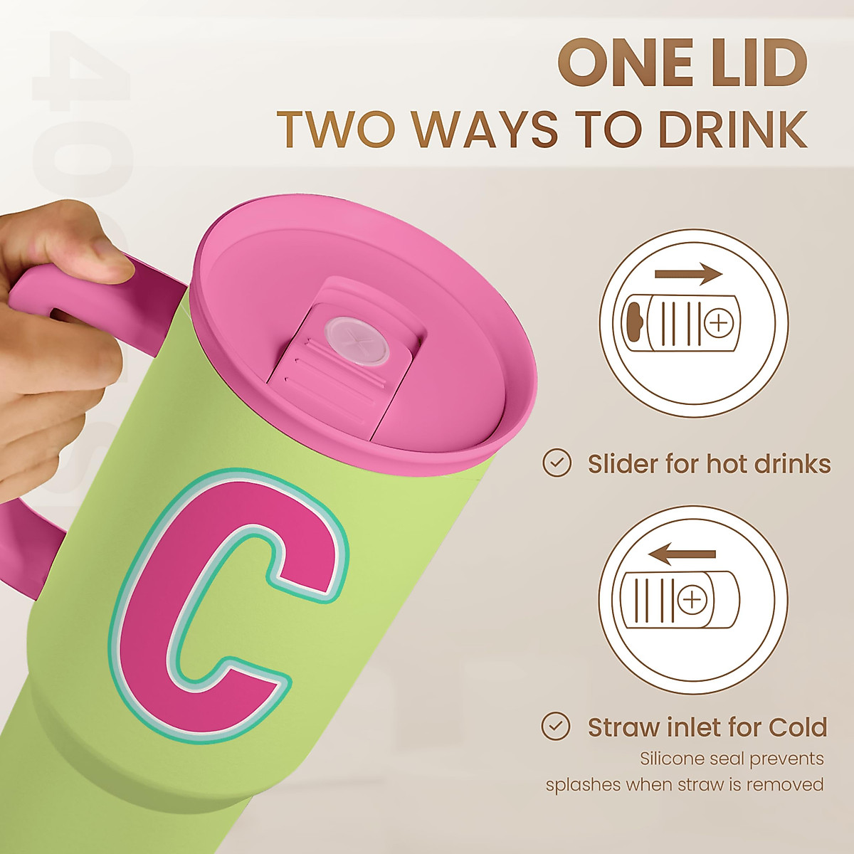 SANDJEST Monogrammed Tumbler with Handle 40oz, Letter C Tumblers Coffee Travel Cup with Straw, Personalized Monogram Initial Gifts for Women Girls, Customized Gifts for Christmas Birthday Mothers Day