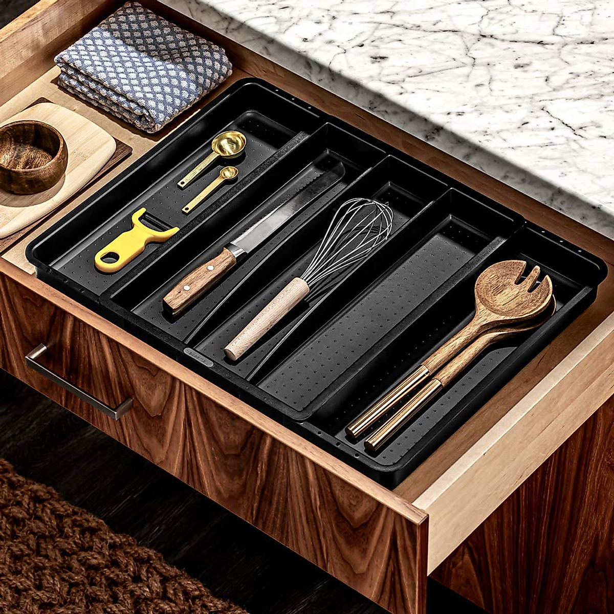 madesmart Expandable Utensil Tray 5 Compartments, Fit Any Drawer, Soft-Grip Lining & Non-Slip Feet, BPA-Free, Large, Carbon