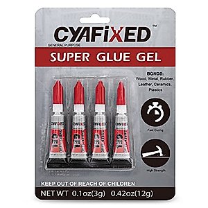 Super Glue Gel by CYAFIXED, 4-Pack of Single-Use Tubes, “All Purpose” CA Glue, Fast Drying, No Drip Gel Formula.105 oz Each