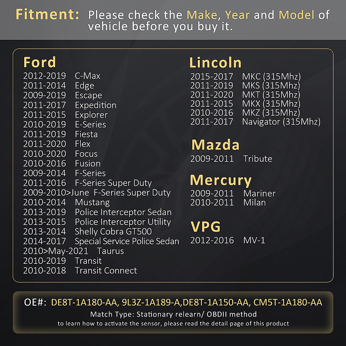 Marsflex TPMS Sensor Fit for Ford Lincoln Mercury, F150 F250/F350 Super Duty Escape Focus Explorer, Tire Pressure Monitoring System OE: DE8T-1A-180-A 9L3Z-1A189-A DE8T-1A180-AA 9L3Z-1A-189-A 315MHz