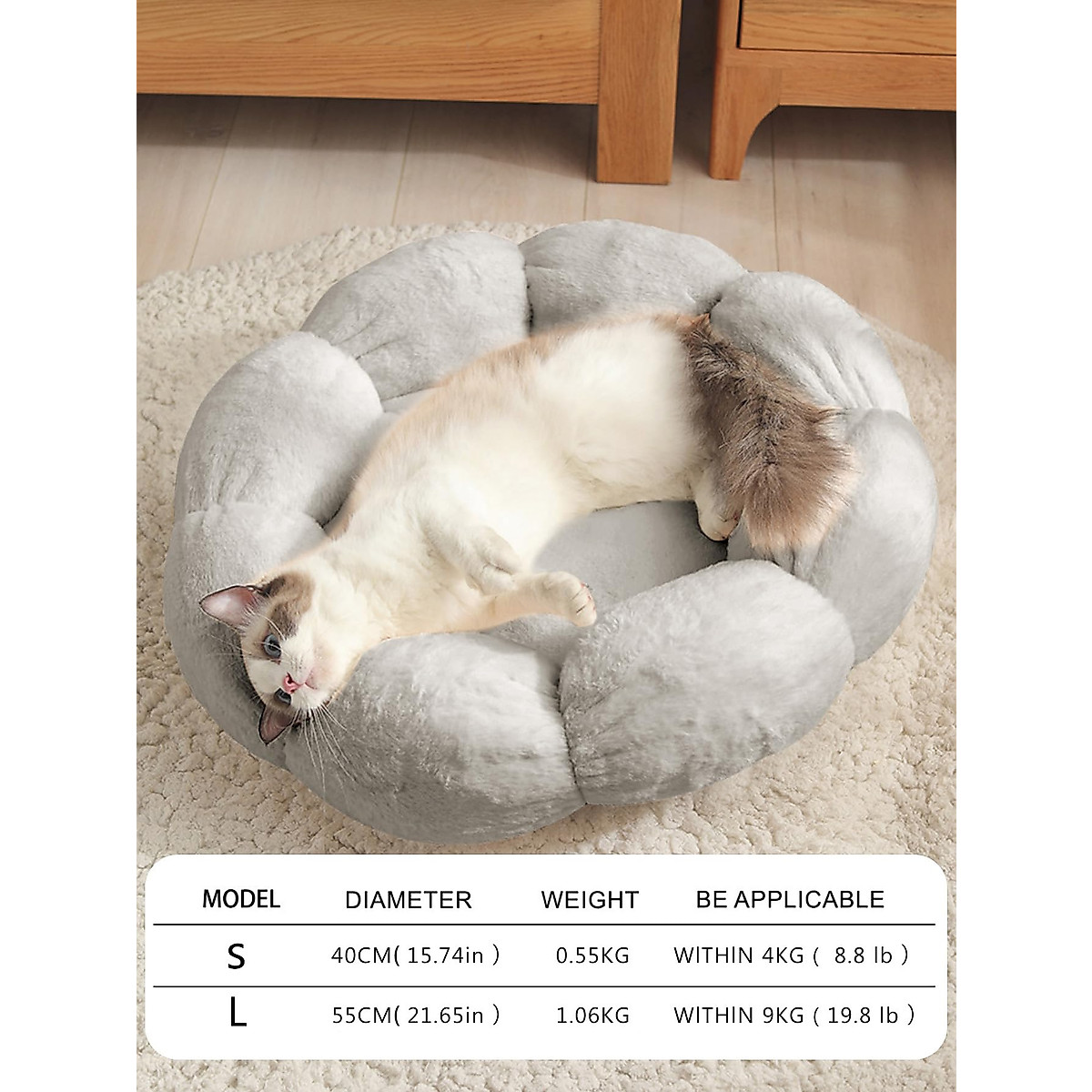 QWINEE Flower Shaped Cat Dog Bed Cat Bed Warm Soft Plush Warm Winter Nest Round Washable Non-Slip Pet Bed for Small Medium Dog Puppy Kitten Kitty Sleeping Grey S