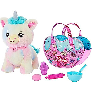 Barbie Stuffed Animals, Unicorn Toys, Plush Unicorn with Dessert-Themed Purse Playset and 5 Accessories, Chef Pet Adventure