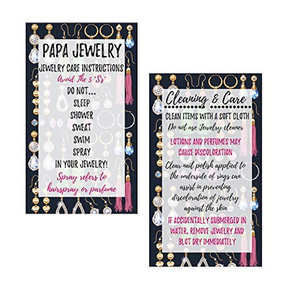 Jewelry Cleaning and Care Cards | Package of 50 | Bling Earrning Design | Jewelry Bling Queen Care Instructions
