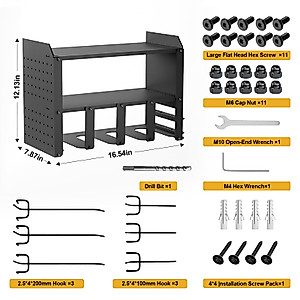 Exqutoo Power Tool Organizer, Wall Mount 3-Layer Metal Tool Shelf with 6 Hooks, Drill Holder Tool Organizers Storage Rack, Screwdriver Holder, Black