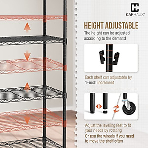 CAPHAUS NSF Commercial Heavy Duty 4 Tier Wire Shelving w/Two Trapezoid Baskets, Wheels, Leveling Feet, Storage Metal Shelf, Basement Garage Shelving Storage, Utility Wire Rack Storage Shelving Black