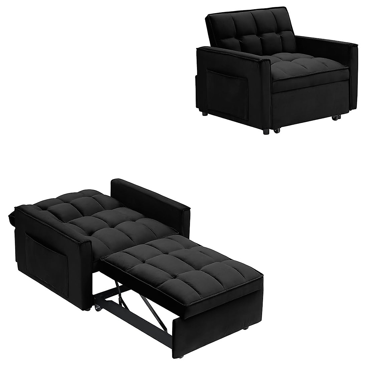 Anwickmak 3 in 1 Convertible Sleeper Chair, Modern Pull Out Couch Bed Single Recliner with Adjustable Back, Velvet Futon Folding Sofa Bed Chair for Living Room Bedroom Small Spaces (Black)