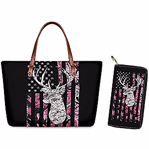 Wideasale Large Tote Bag and Wallet Set for Women Camouflage USA Flag Overnight Bag Shoulder Straps Handbag Purse,Pink Camo Deer Antlers and Trees Print for Girls Teens Xmas Gift
