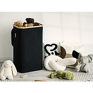 StorageWorks Large Laundry Hamper with Lid, 100L Tall Laundry Basket with Bamboo Handles and 2 Removable Inner Bag, Collapsible Laundry Hamper for Clothing, Toys, Towels, Black, 1-Pack