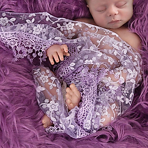 3 Pcs Newborn Photography Props Outfits, Fluffy Baby Posing Photoshoot Blanket + Embroidered Lace Baby Photo Wrap + Headband with Flower Set, Infant Toddler Girls Posing Props