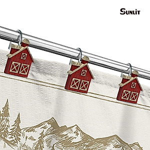 Sunlit Farmhouse Barn Christmas Shower Curtain Hooks, Rustic Red House Decorative Shower Curtain Rings, Resin, Wooden Plank Rural Country Bathroom Decoration Shower Curtain Hooks-12 Pack