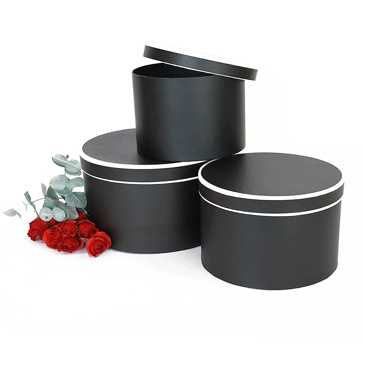 UNIKPACKAGING Premium Quality Round Flower Box, Gift Boxes for Luxury Flower and Gift Arrangements, Set of 3 pcs (L/M/S) (Black with White Rim)