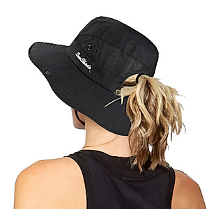 Women's Outdoor UV-Protection-Foldable Sun-Hats Mesh Wide-Brim Beach Fishing Hat with Ponytail-Hole (Black)