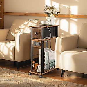 DGSANDGO Side Table with Charging Station and Drawer, Narrow End Table with USB Ports and Outlets for Small Space, Living Room, Bedroom and Office, with 4 Wheels Rustic Brown and Black