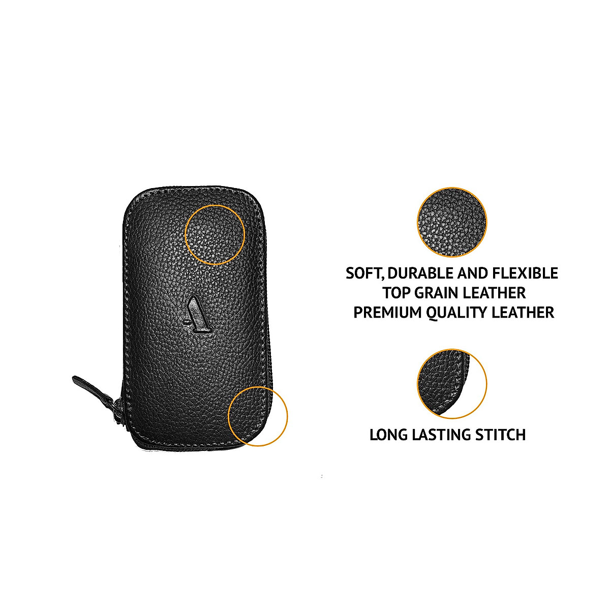 Adamis Full Grain Genuine Leather Keychain Holder Pouch, Key Case, Soft Strong and Compact Organizer and Wallet with Zip Closure for Extra Safety and 6 Key Holder Hooks in Black