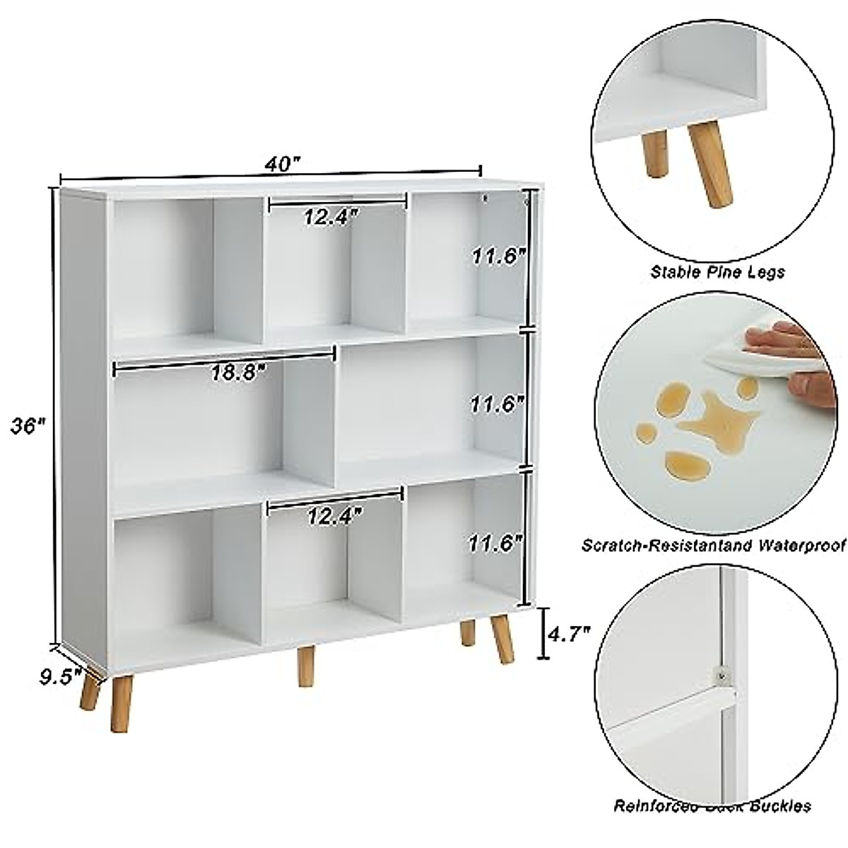 3-Tier Bookshelf, 8-Section Wooden Bookcase, Storage Organizer with Pine Legs, Modern Storage Display Cabinet for Living Room, Classroom, Kid’s Room (White)