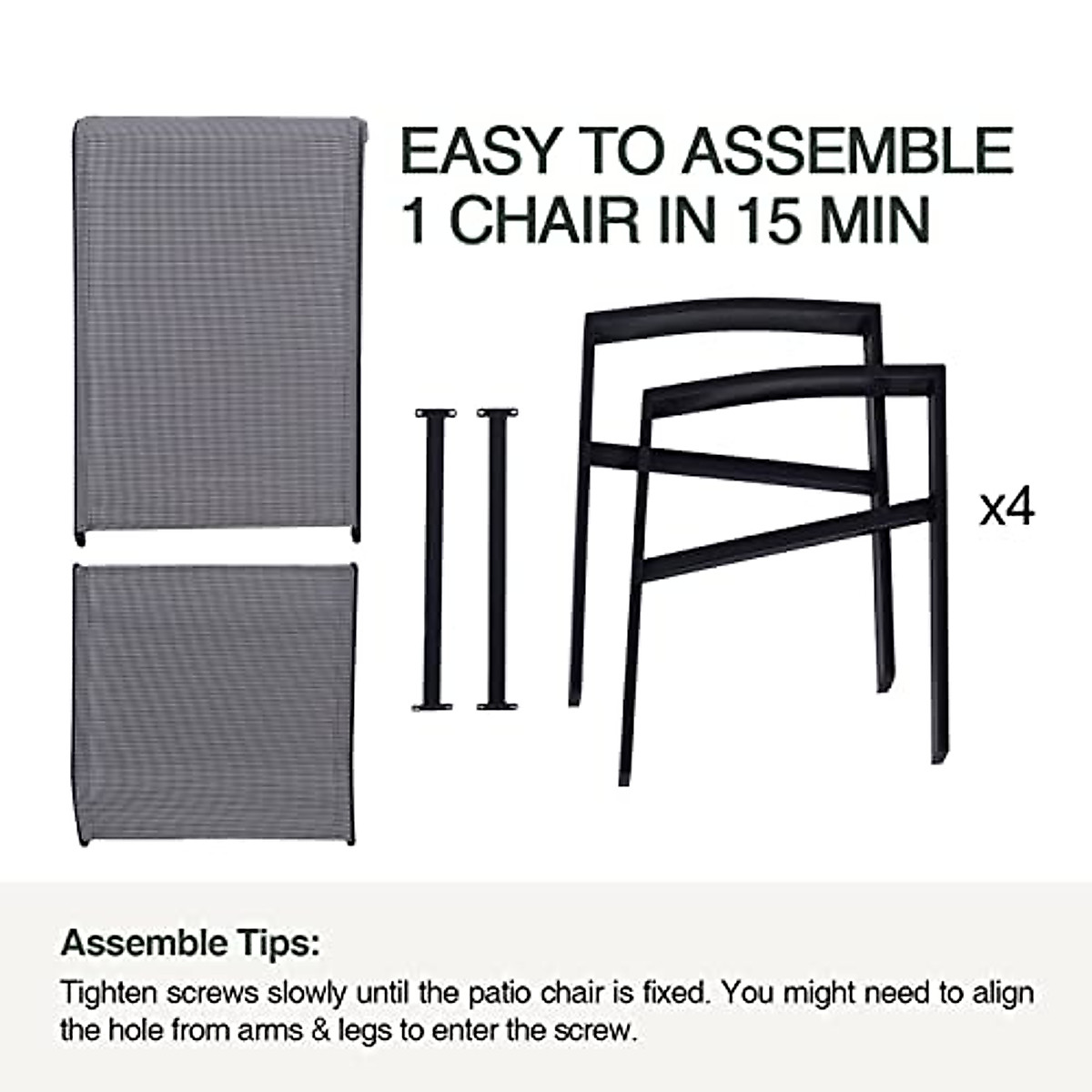 Dulce Domi Patio Chairs Set of 4, Rust-Free Outdoor Chairs W/Metal Slat Finish, 2x1 Textilene Dining Chairs Set of 4, Patio Chairs L23”xW22”xH38” Max Weight 280 Lbs