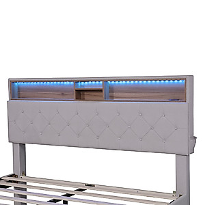 Queen Size Upholstered Platform Bed with Storage Headboard and 2 Drawers,Linen Fabric Platform Bed Wood Bed Frame with LED,USB Port and Hidden Storage for Kids Adult Bedroom (Beige, Queen)