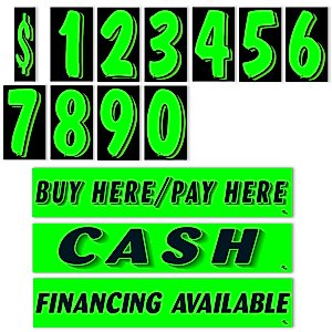 VERSA-TAGS 7.5" Black/Green Vinyl Number Decals 11 Dozen Set Windshield Pricing & 1 Pack of Each of Buy Here Pay Here, Cash, Financing Available 14.5" x 2.75" Sticker Windshield Decal Auto Dealership