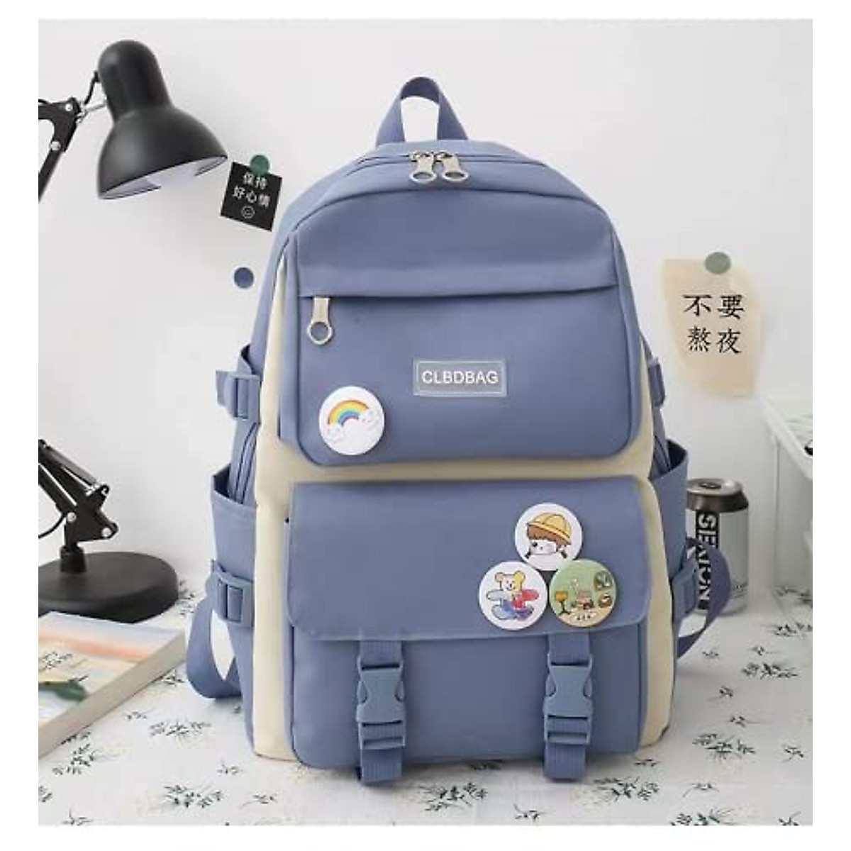 Teslawi kawaii backpack 4Pcs Set Aesthetic backpack 17in backpack，with Kawaii Pendants，Crossbody Bag ，Pencil Case, Handbag (Blue)