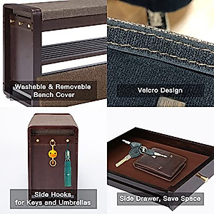 NURTUDIS Shoe Rack Bench Entryway, Bamboo Shoe Storage Stool with Removable Cushion, 2-Tier Entryway Shoe Organizer Shelf with Side Drawer & Hooks for Entryway, Living Room, Bedroom, Bathroom(Large)