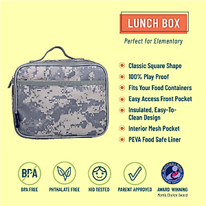 Wildkin Kids Insulated Lunch Box Bag for Boys & Girls, Reusable Kids Lunch Box is Perfect for Early Elementary Daycare School Travel, Ideal for Hot or Cold Snacks & Bento Boxes (Digital Camo)