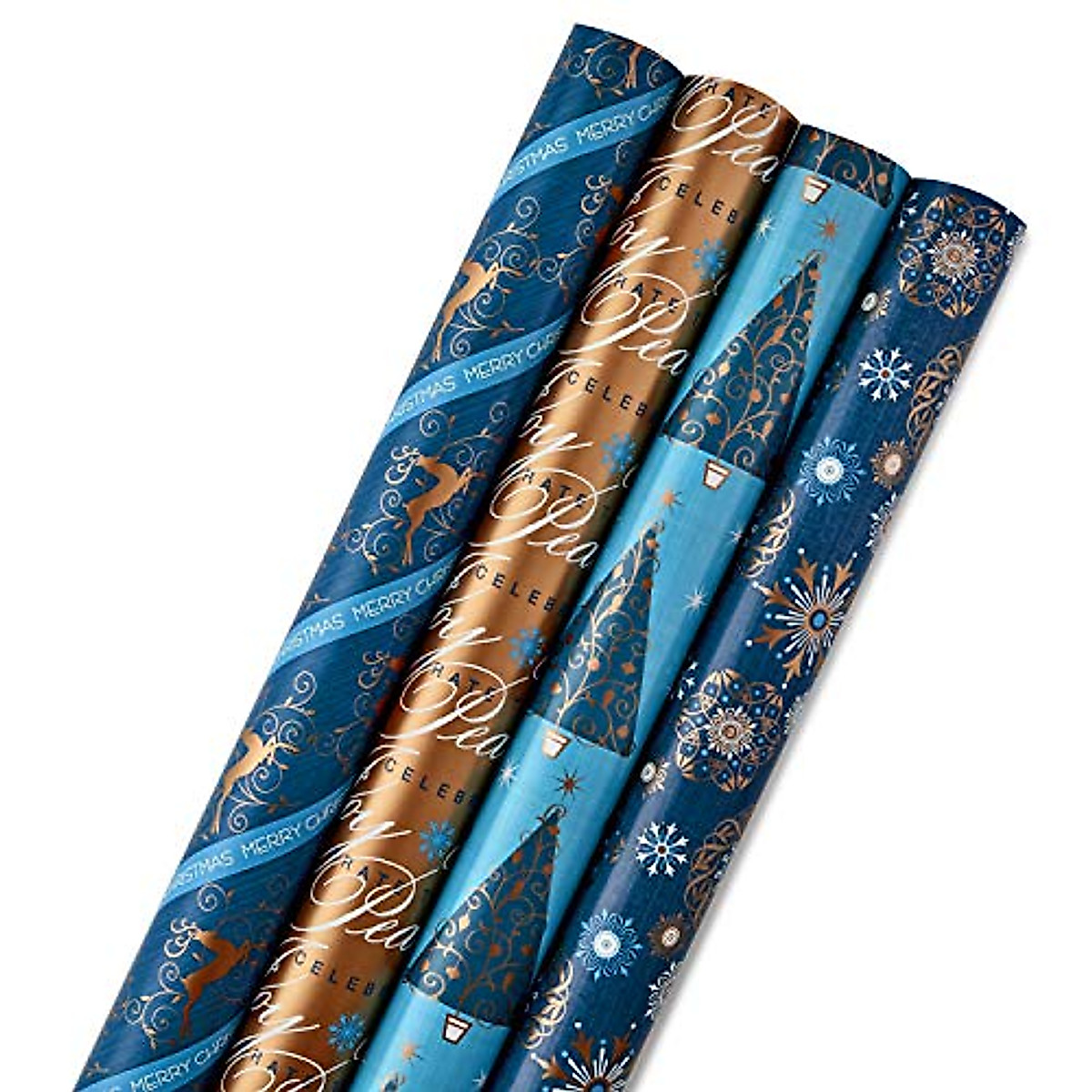 Hallmark Reversible Christmas Wrapping Paper Bundle, Elegant Blue and Gold (4 Rolls: 150 sq. ft. ttl.) Dark Blue, Gold, Teal Snowflakes, Peace, Stripes, Geometric