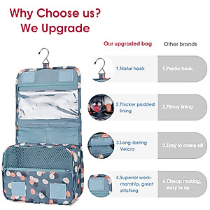 Narwey Hanging Toiletry Bag for Women Travel Makeup Bag Organizer Toiletries Bag for Travel Size Cosmetics Essentials Accessories (Blue Flower)