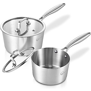 LOLYKITCH Tri-Ply Stainless Steel Saucepan Set-1QT & 2QT with Lids,Induction Sauce Pots,Pots and Pans Set,Oven and Dishwasher Safe.