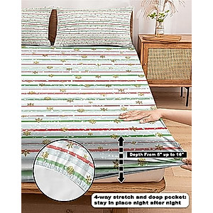 Full Size Fitted Sheet Bed Set Merry Christmas Red Green Stripe Deep Pocket Soft Bottom Sheets&Pillowcases for Bedroom Decor Winter Gold Snowflake Texture,Fits Mattress Up to 16" Deep