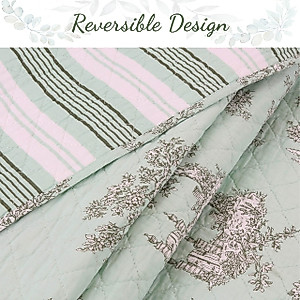 Cozy Line Home Fashions Vintage Cottage Garden Toile Mint Green 100% Cotton Reversible Girl Quilt Bedding Set, Coverlet, Bedspread (Garden Toile, King - 3 Piece)
