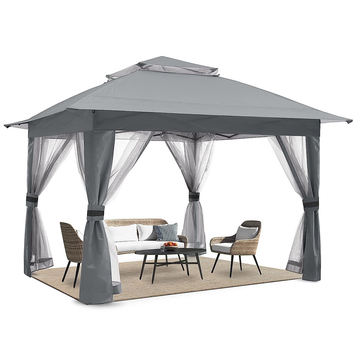 COOSHADE 13x13Ft Easy Pop Up Canopy Tent Instant Folding Shelter with Mosquito Netting Walls(Grey)