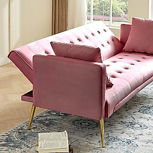Anwick 72" Modern Velvet Sofa Bed Futon,Convertible Folding Sleeper Bed Couches with 3 Adjustable Backrests,Tufted Recliner Loveseat with Golden Chrome Legs for Small Living Room Office (Pink)
